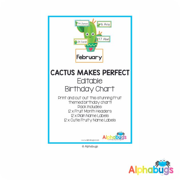 Classroom Decor - Cactus Makes Perfect Birthday Chart | Alphabugs